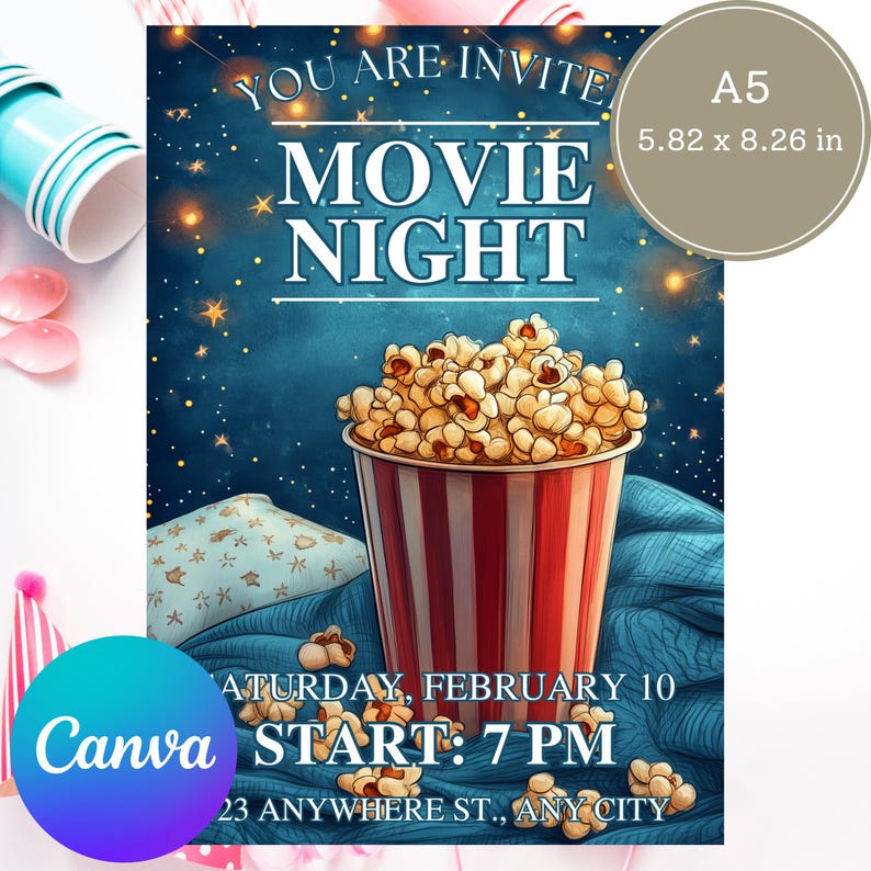 Movie Night Invitation, Outdoor Cinema Party, Cozy Movie Theme, Popcorn ...