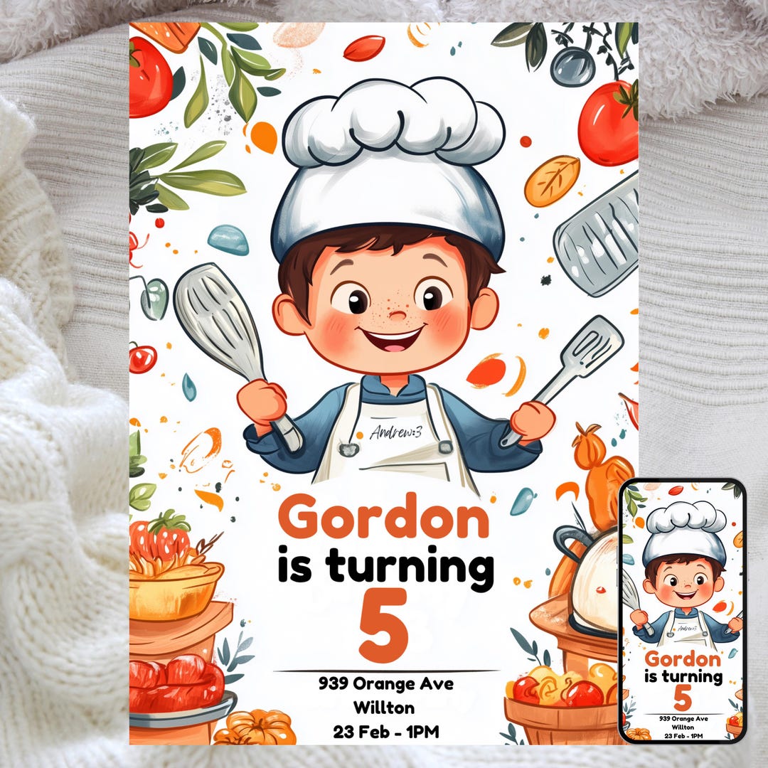 Editable Kids Cooking Birthday Invitation, Chef Party Invite, Baking ...