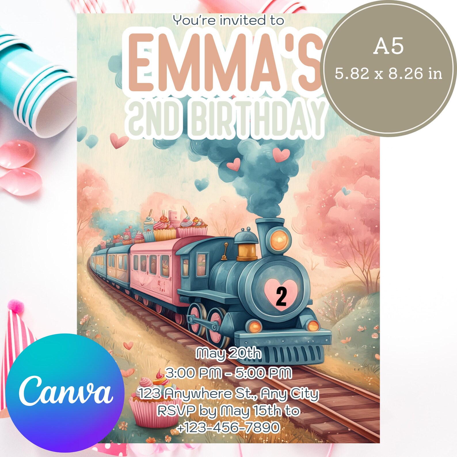 All Aboard 2nd Birthday Invite, Girls Train Party Invitation, Sweet ...
