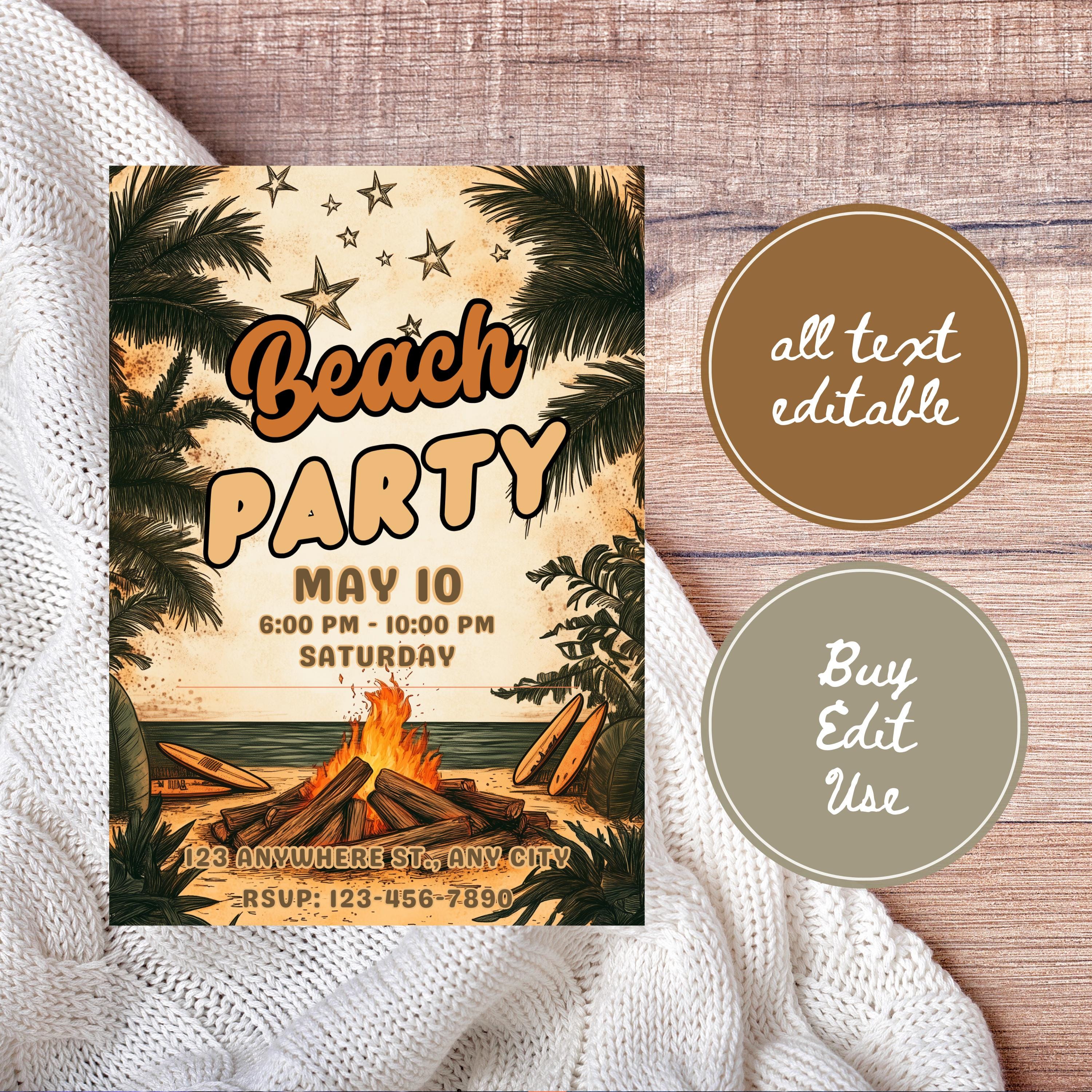 Tropical Bonfire Beach Party Invitation: Editable Surfboard Template ...