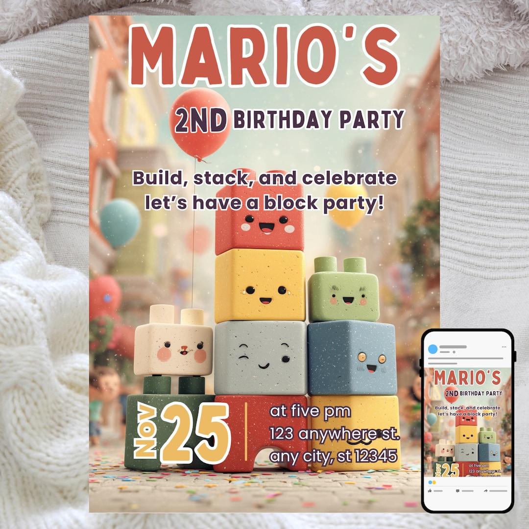 Building Blocks Birthday Invitation, Kids Party Invite, Colorful Block ...
