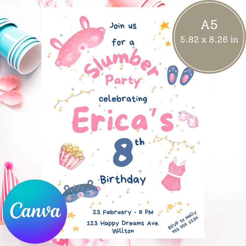 Editable Sleepover Birthday Invitation, Pink Pajama Party for Girls ...