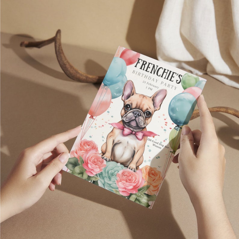 French Bulldog Birthday Invitation Card, Cute Dog Birthday Card, Dog ...