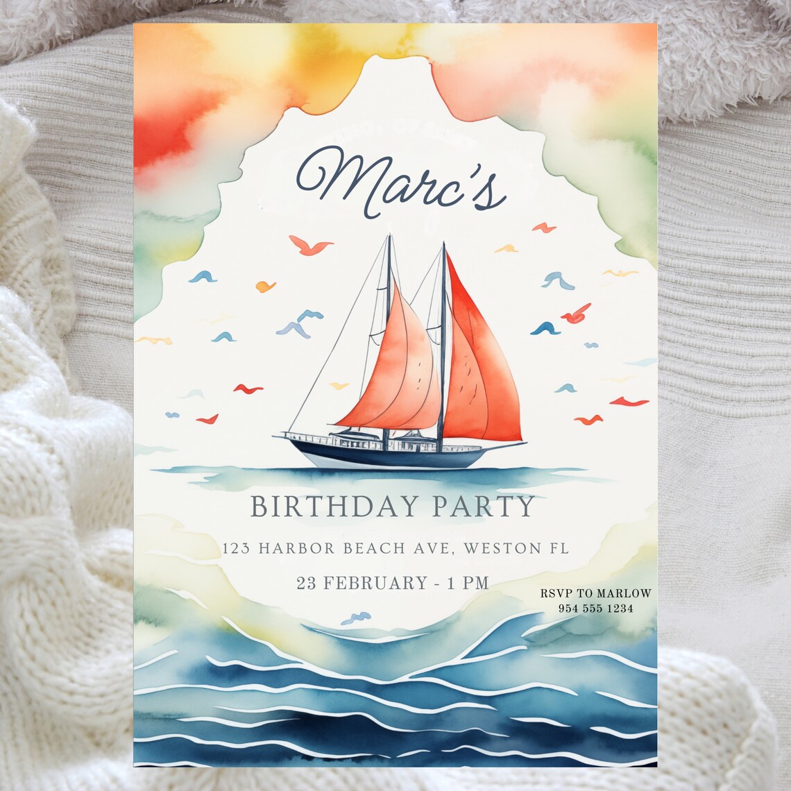 Personalized Watercolor Boat Birthday Invitation Template, Party at Sea ...