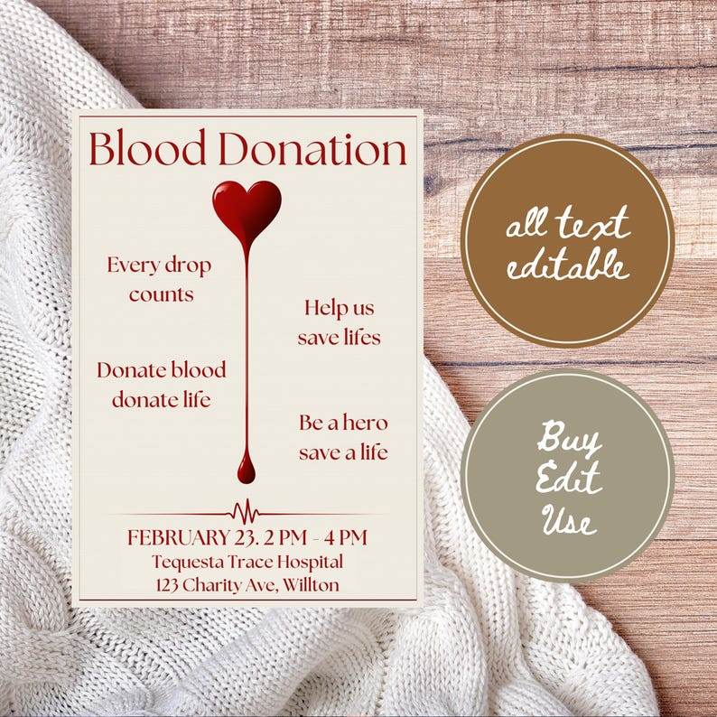 Blood Donation Drive Invitation, Editable Charity Event Template ...