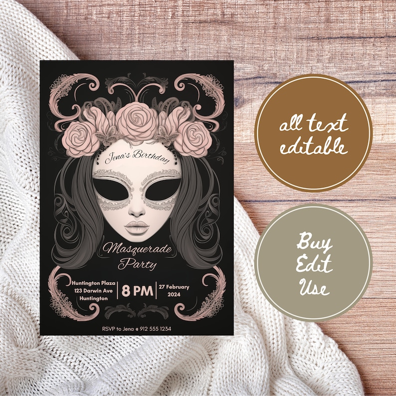 Editable Masquerade Birthday Party Invitation, Luxury Birthday Invite ...