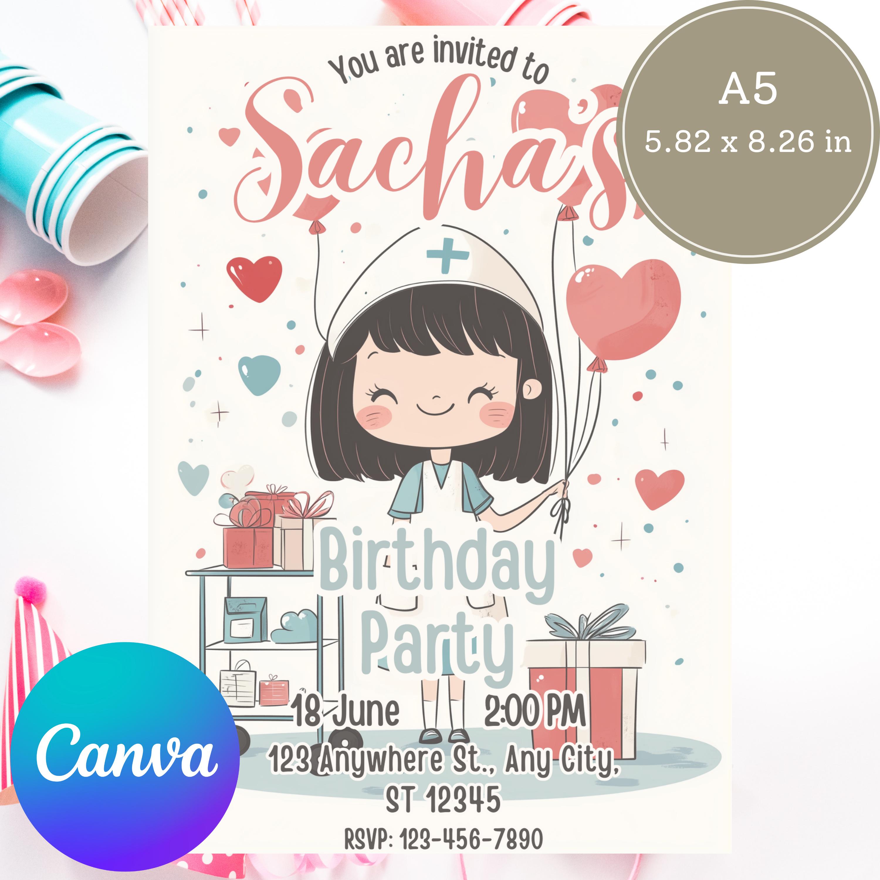 Nurse Birthday Invitation, Cute Doctor Girl Theme Party, Editable ...