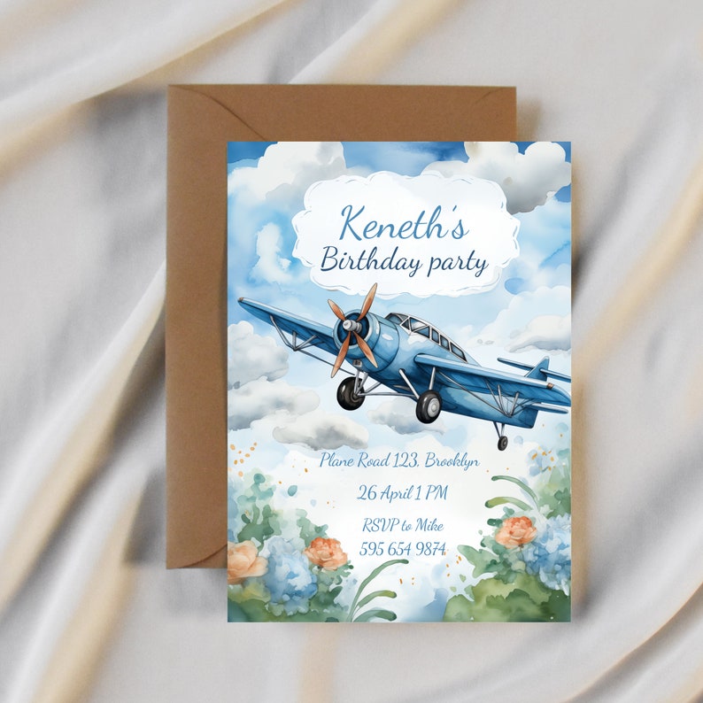 Cute Airplane Birthday Invite, Watercolor Invitation Card Template for ...