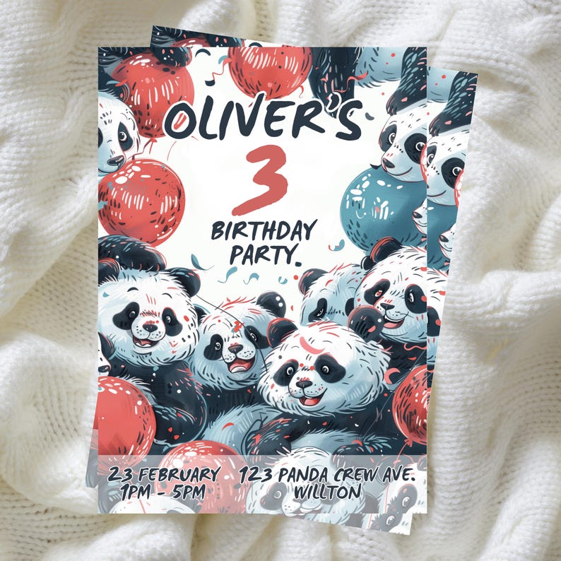 Editable Panda Birthday Invitation, Cute Panda Theme Party Invite ...