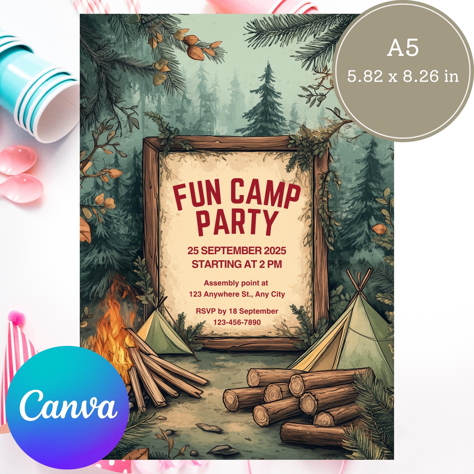 Fun Camp Party Invitation, Forest Adventure Theme, Tent and Campfire Design, Kids Outdoor Event ...