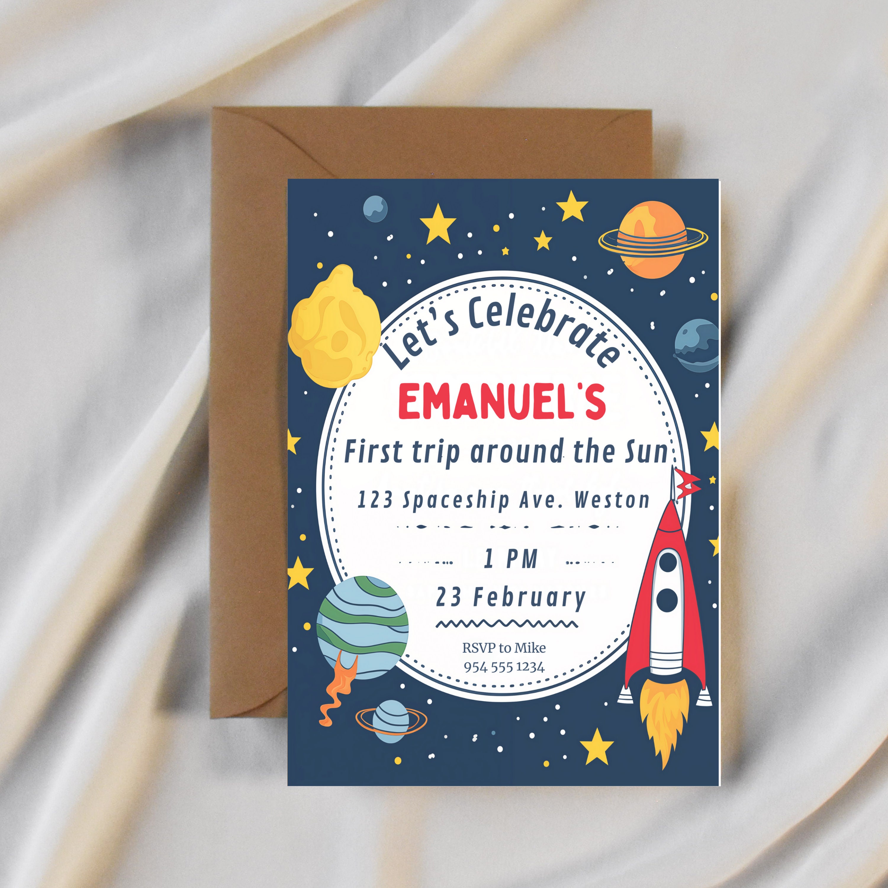 Outer Space First Birthday Invitation, Space Rocket Themed Party Invite ...