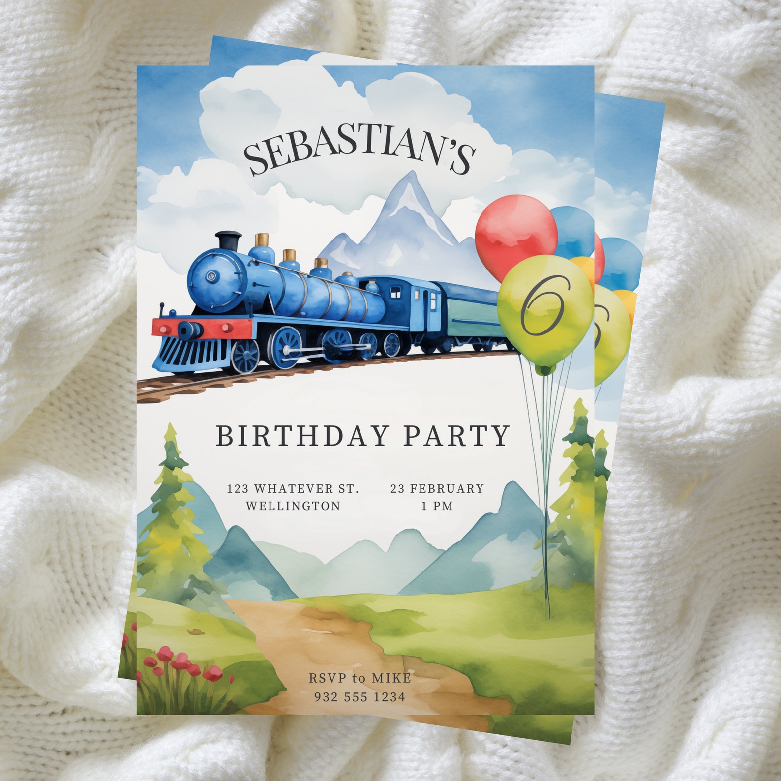 Vintage Watercolor Train Birthday Invitation Template, Chugga Train ...