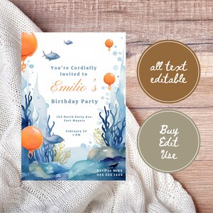 Editable Ocean Animals Party Invite, Under the Sea Birthday Invitation ...