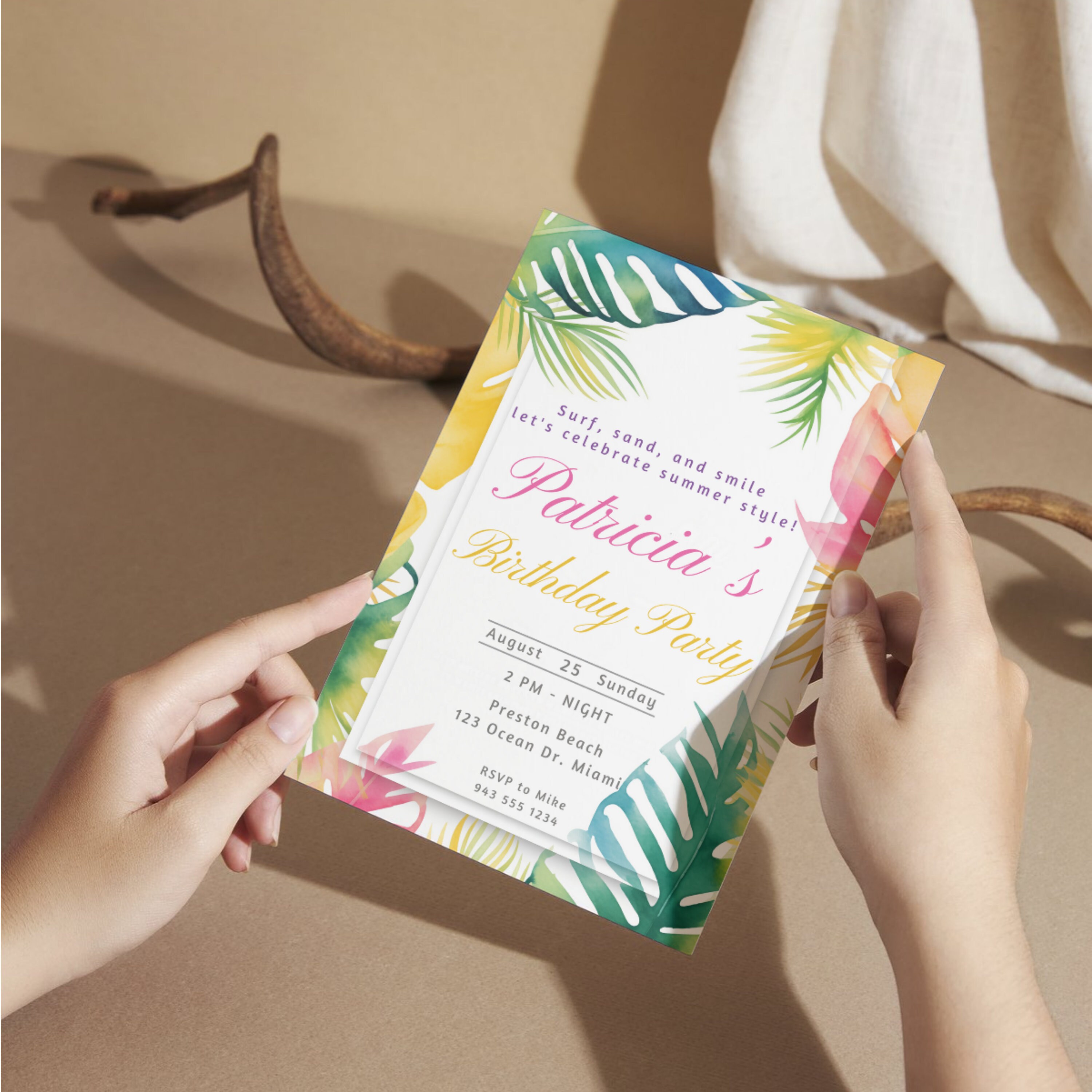 Editable Tropical Summer Birthday Invitation, Watercolor Palm Leaves ...