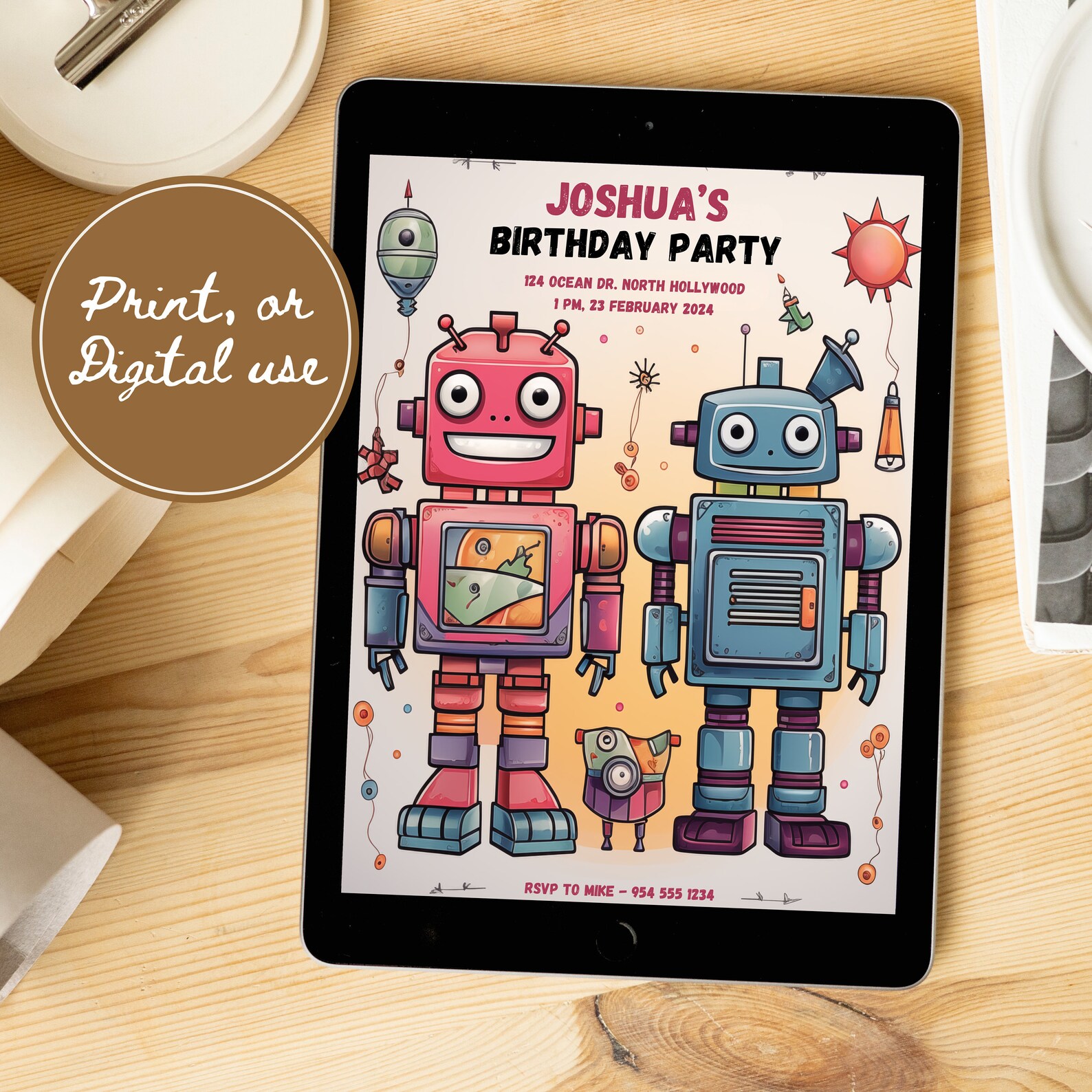 Editable Robot Birthday Invitation Template, Customisable Kids Party ...