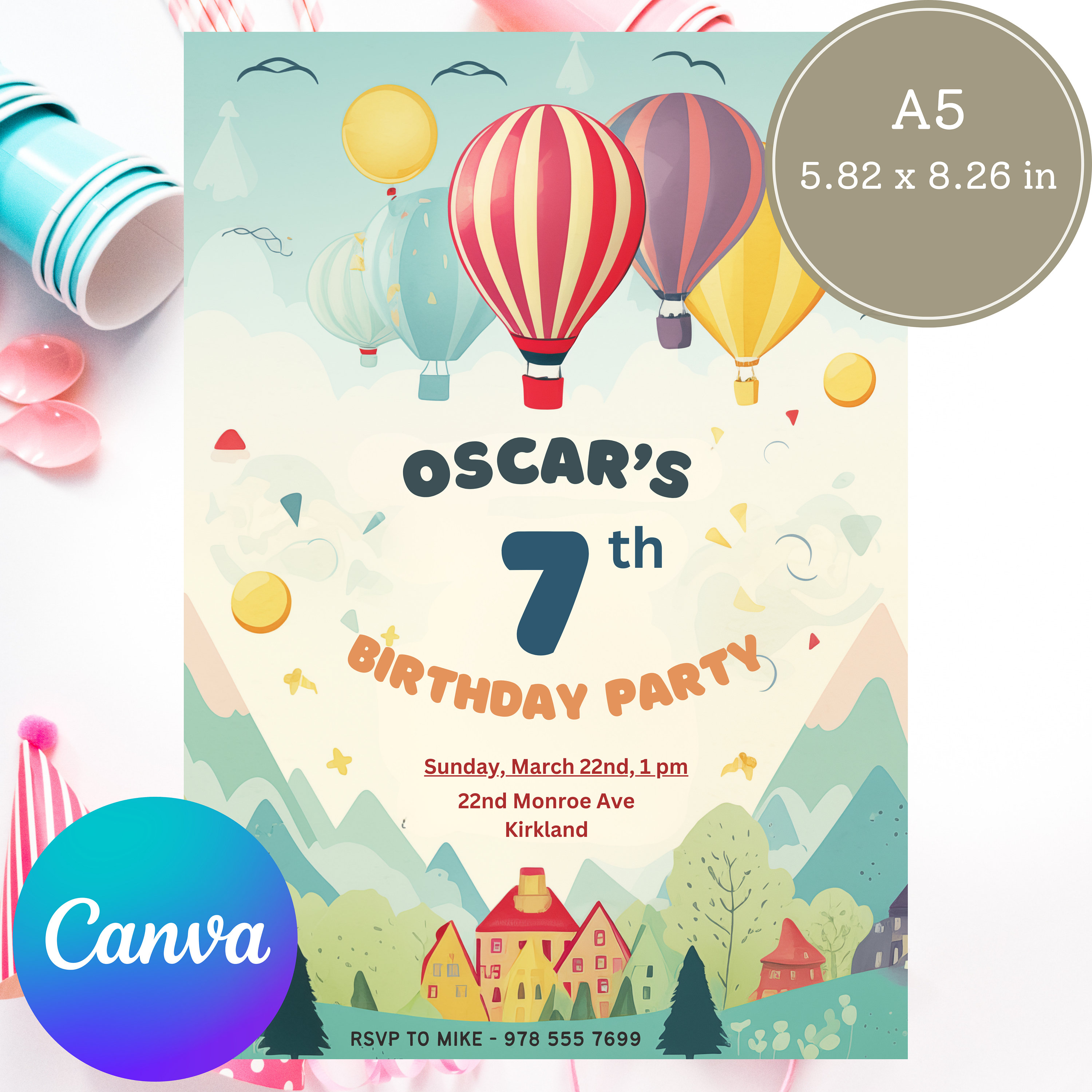 Editable Hot Air Balloon Birthday Invitation Template (digital Download ...
