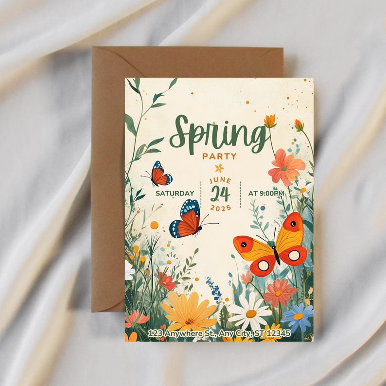 Spring Party Invitation, Editable Digital Template, Butterflies and ...