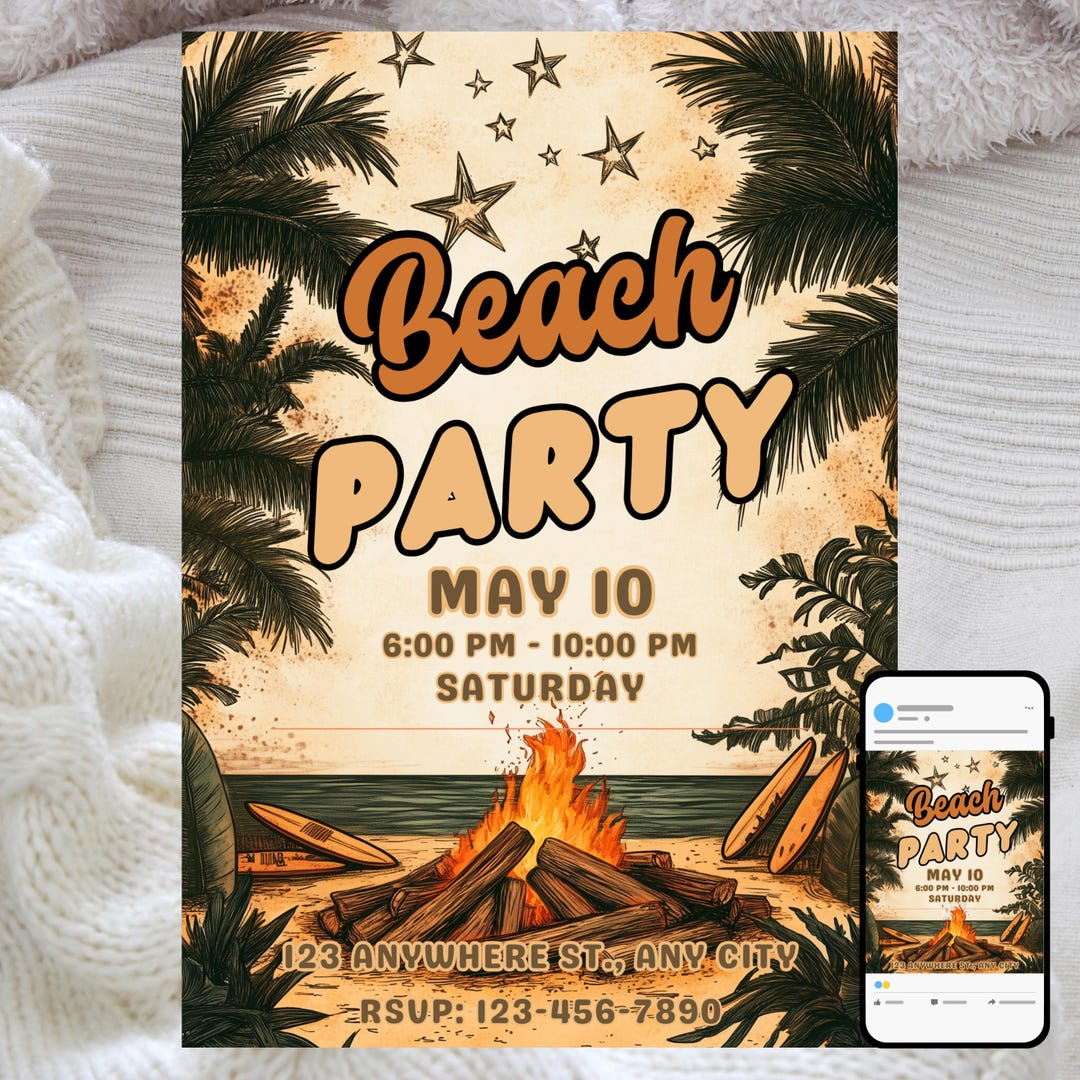 Tropical Bonfire Beach Party Invitation: Editable Surfboard Template ...