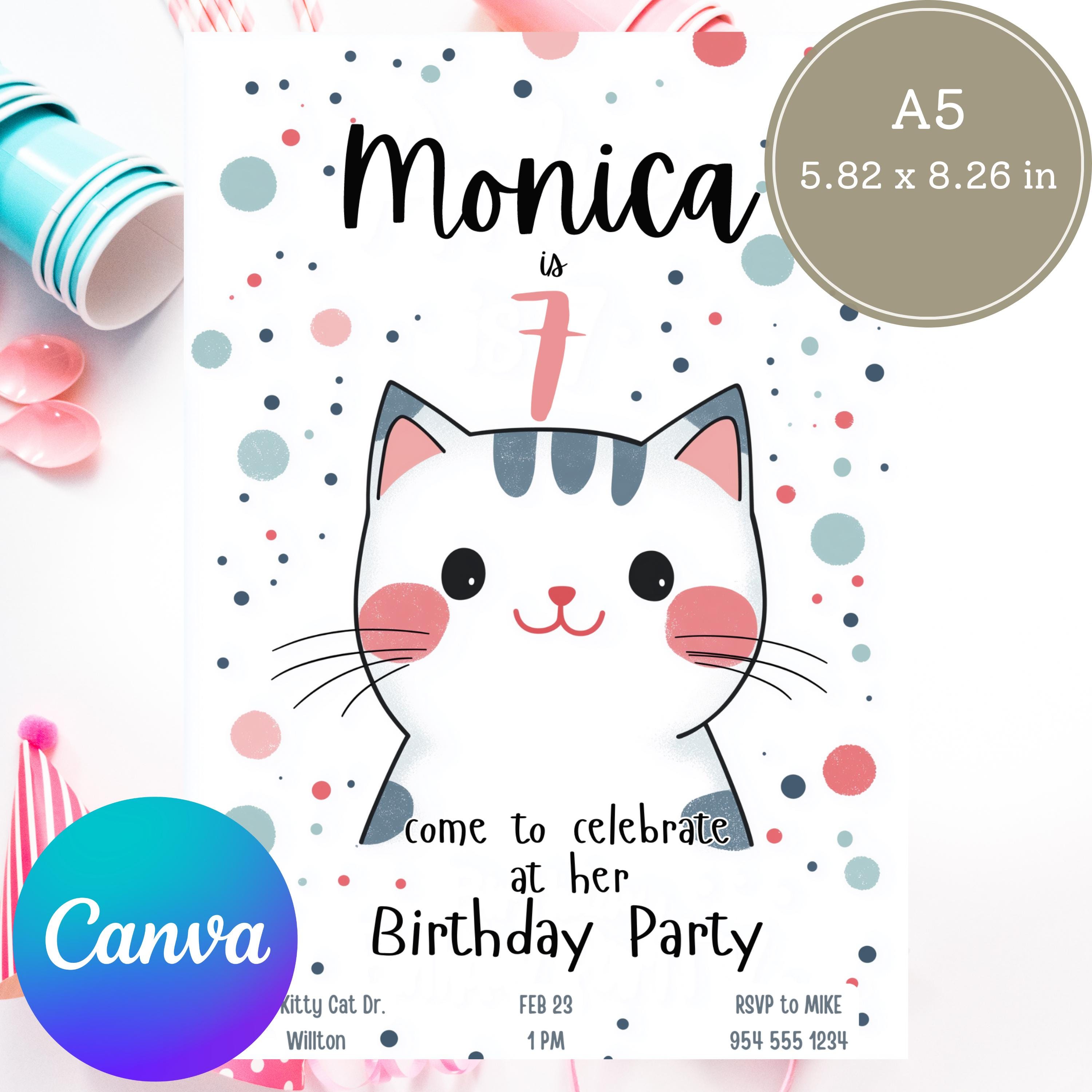 Editable Kawaii Kitty Cat Birthday Invitation: Pastel Kitten Party ...