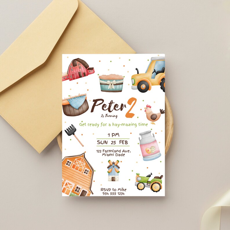 Editable Farm Birthday Invitation: Tractor, Barn Template (digital ...