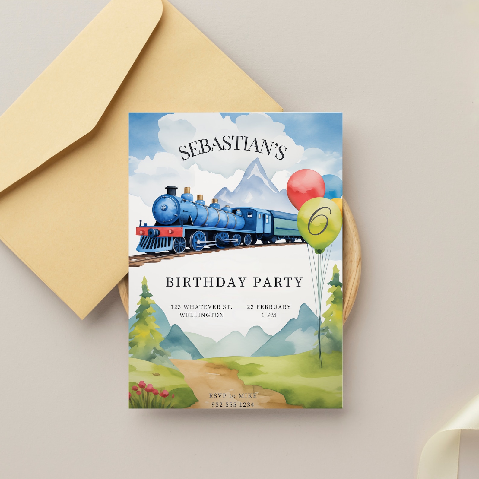 Vintage Watercolor Train Birthday Invitation Template, Chugga Train ...