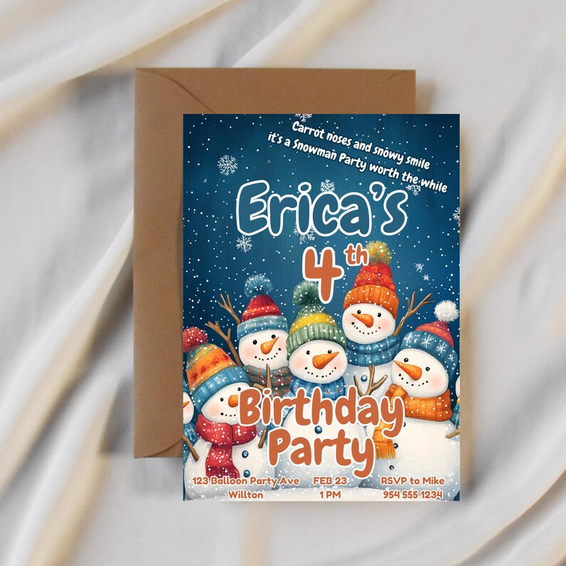Snowman Birthday Invitation, Fun Winter Party Celebration, Editable ...