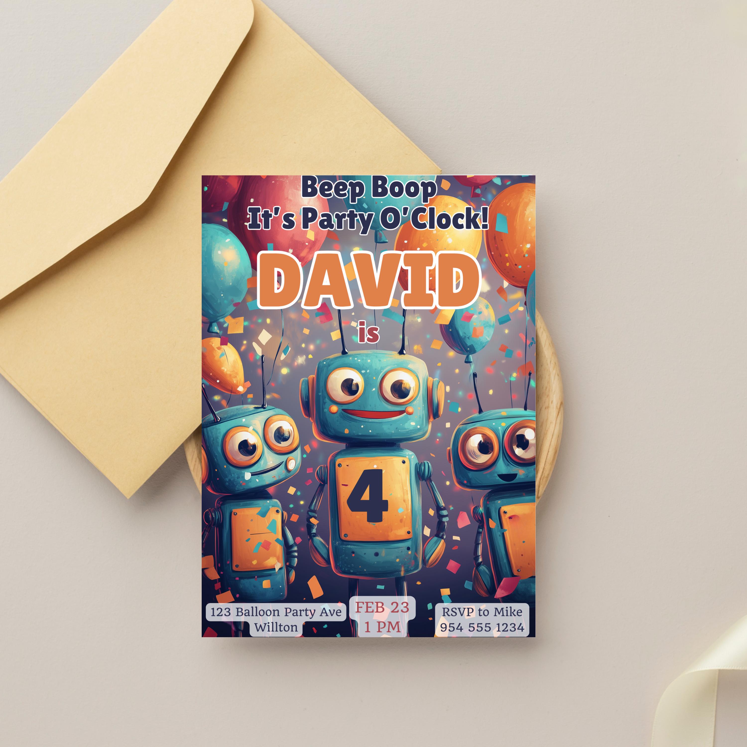 Funny Robot Birthday Invitation, Kids Party, Editable Digital Template ...