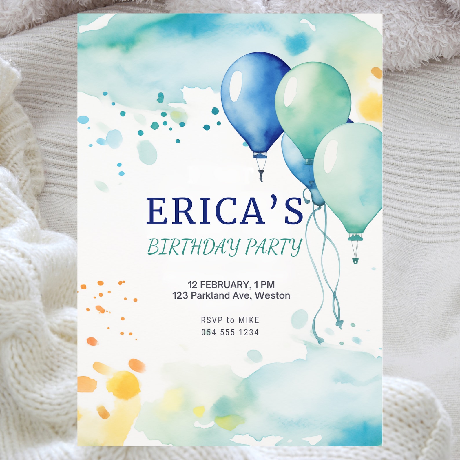 Balloon Birthday Invitation Template, Watercolor Birthday Invite, First ...