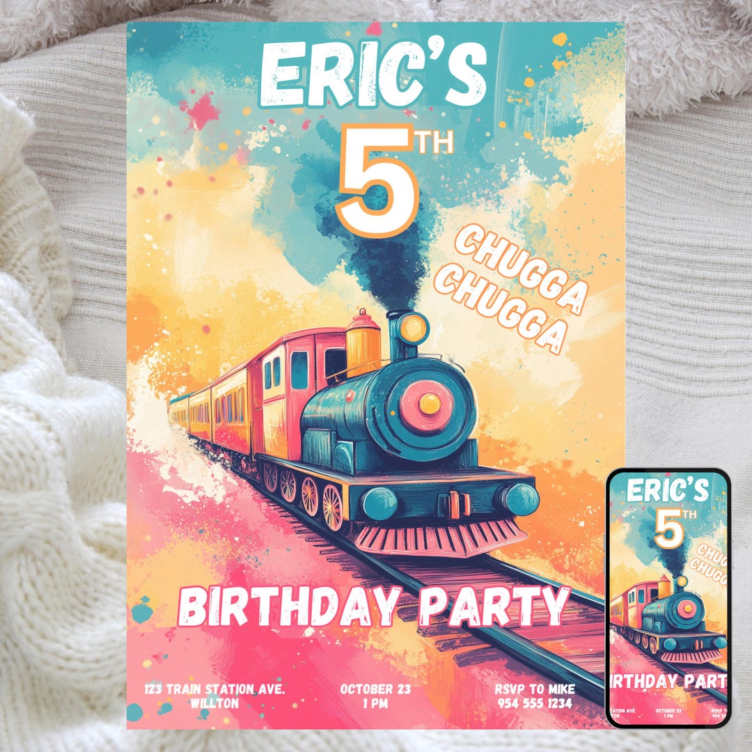 Colorful Train Birthday Invitation: Kids Party, Editable Template ...