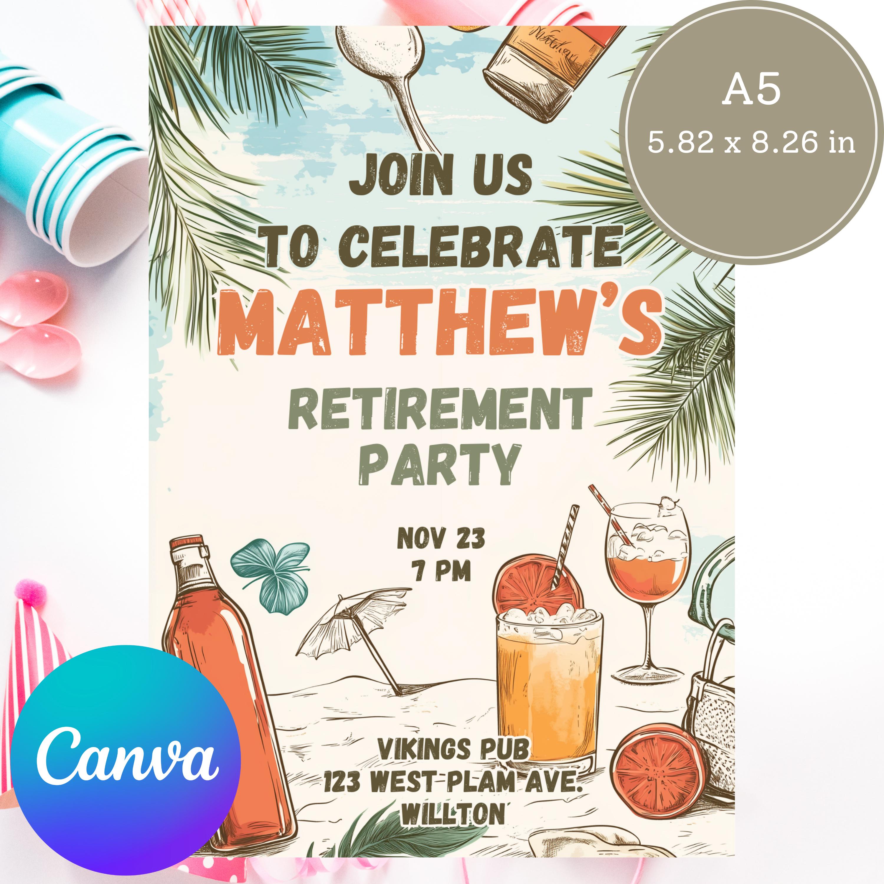 Tropical Retirement Party Invitation: Beach Drinks, Editable Template ...