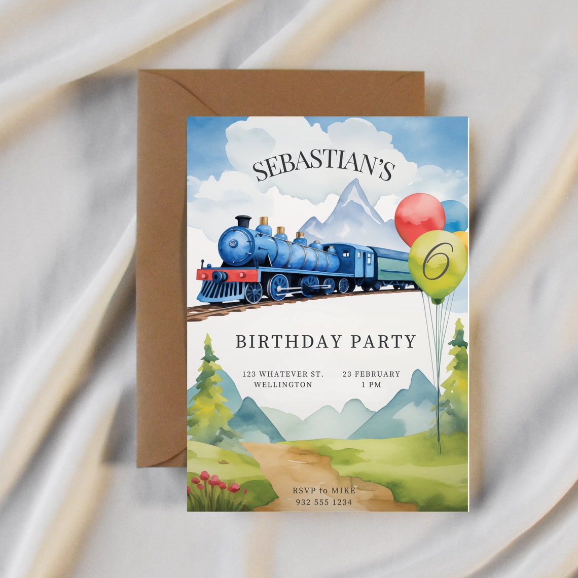 Vintage Watercolor Train Birthday Invitation Template, Chugga Train ...
