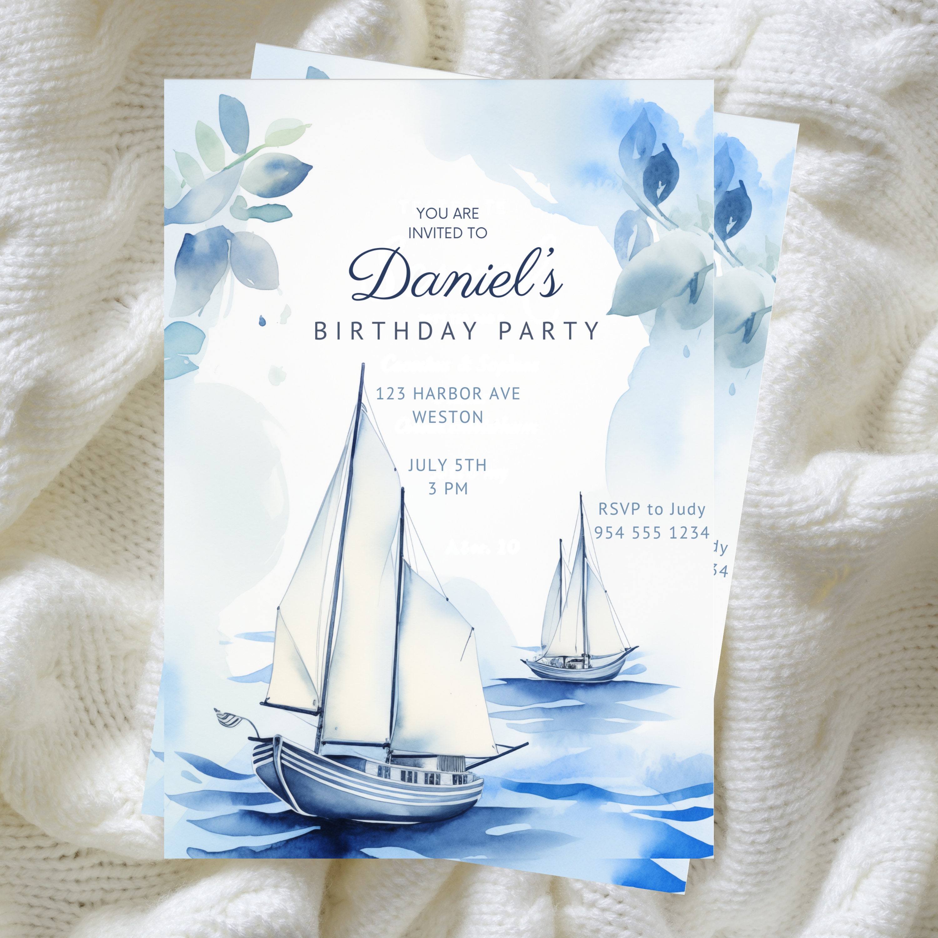 Whimsical Watercolor Boat Theme Invitation for Birthday Party, Yacht ...