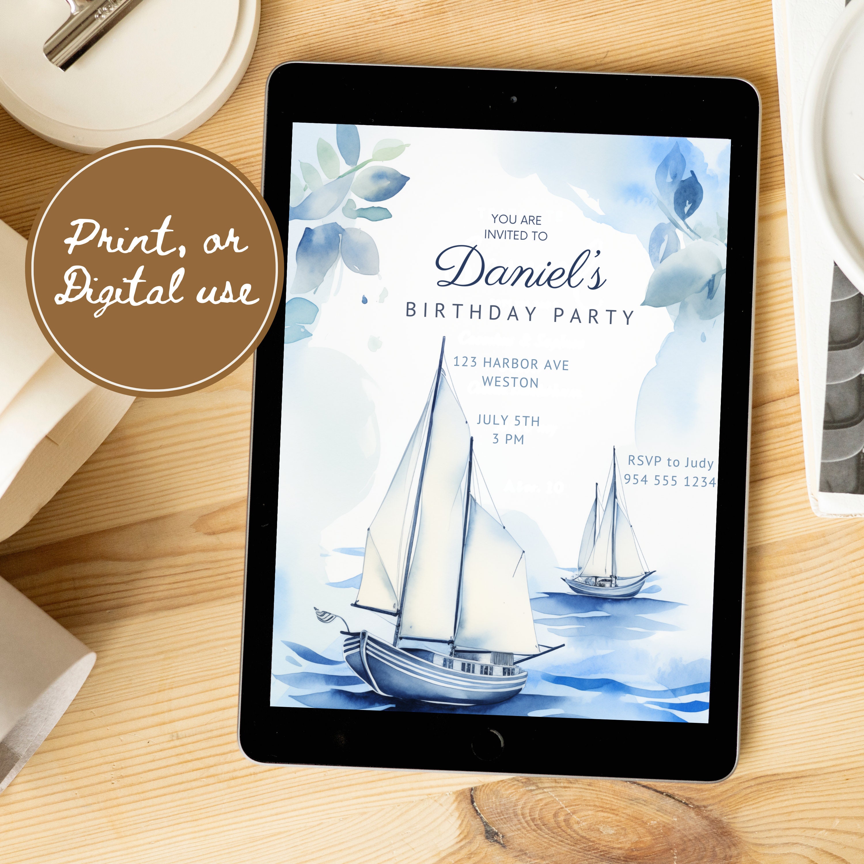 Whimsical Watercolor Boat Theme Invitation for Birthday Party, Yacht ...