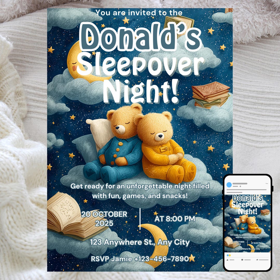 Teddy Bear Sleepover Invitation: Watercolor Night Sky, Editable ...
