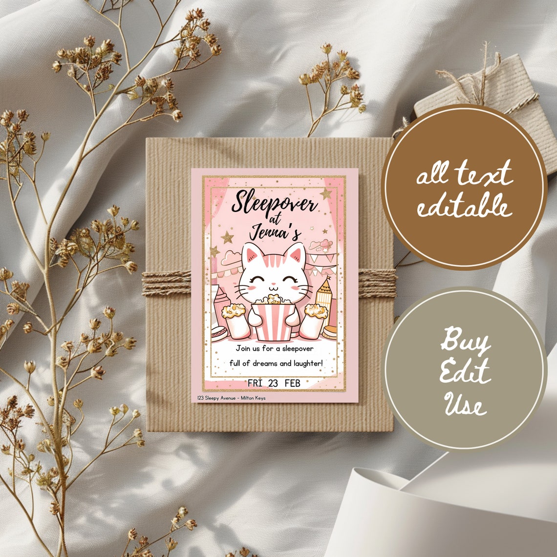 Editable Sleepover Party Invitation, Slumber Party Invite, Cute Cat ...