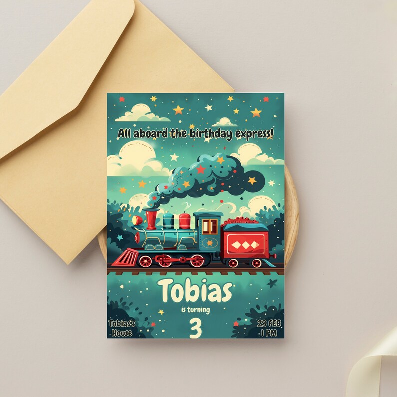 Vintage Train Birthday Invitation, Dreamy Steam Engine, Train Theme ...