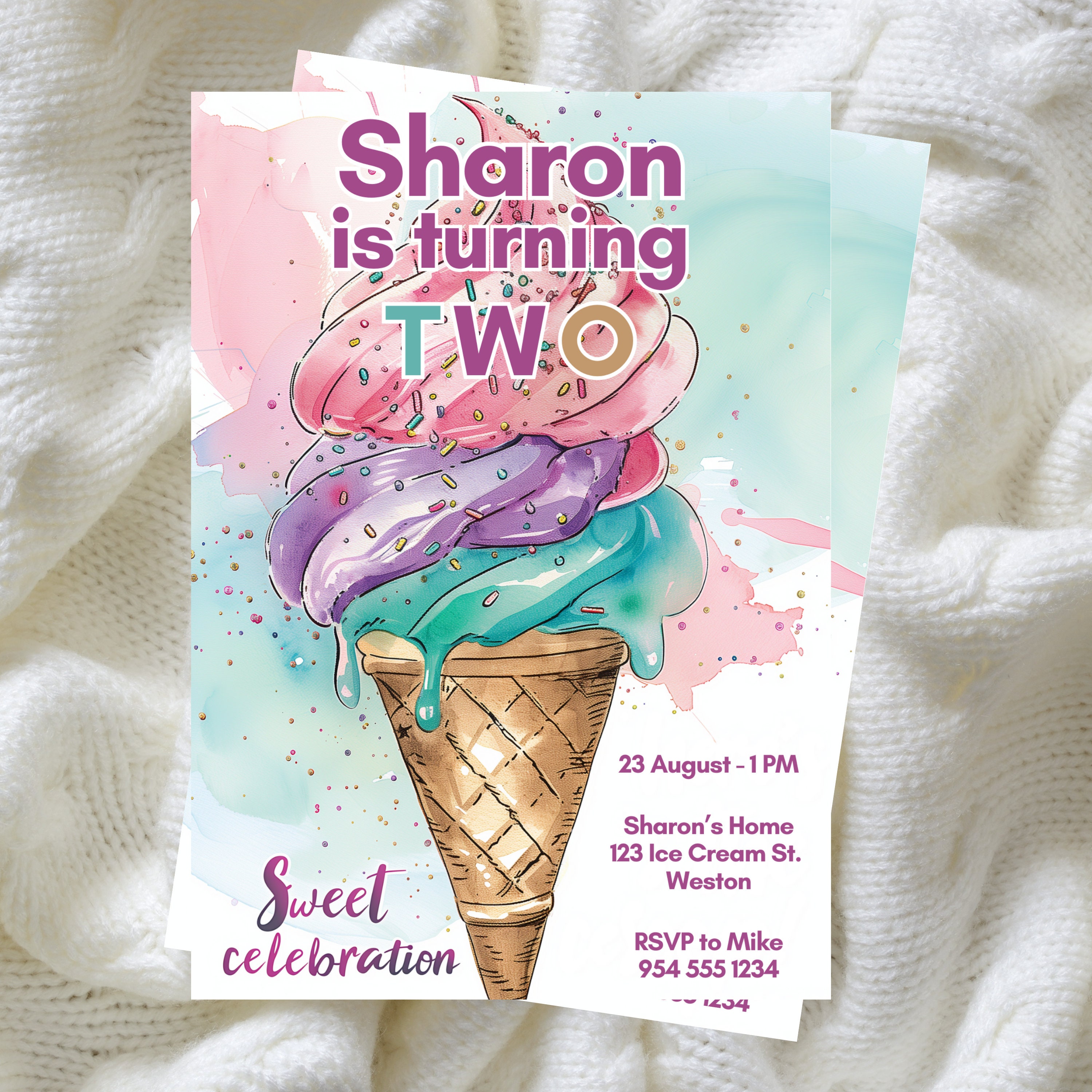 Editable Ice Cream Birthday Invitation, Birthday Party Invitation Card ...
