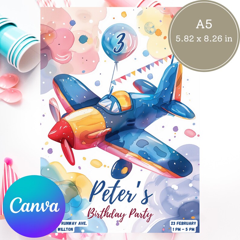 Editable Plane Birthday Invitation, Little Pilot Party Invite, Airplane ...