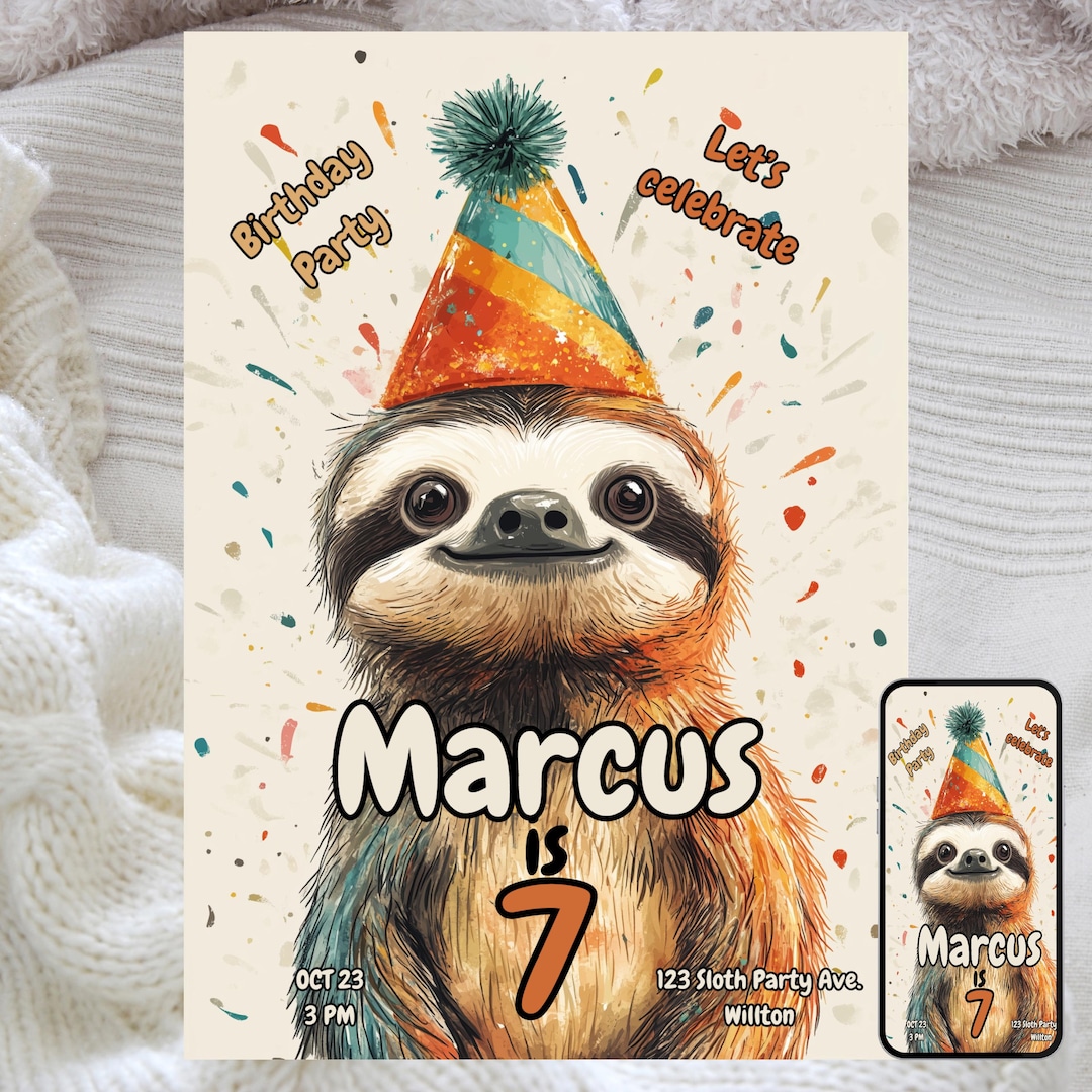 Cute Sloth Birthday Invitation, Baby Animals Party, Sloth Theme Party ...