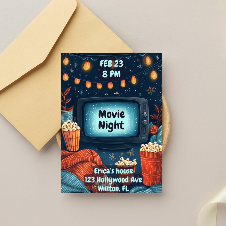 Movie Night Invitation, Popcorn Party Celebration, Editable Digital ...