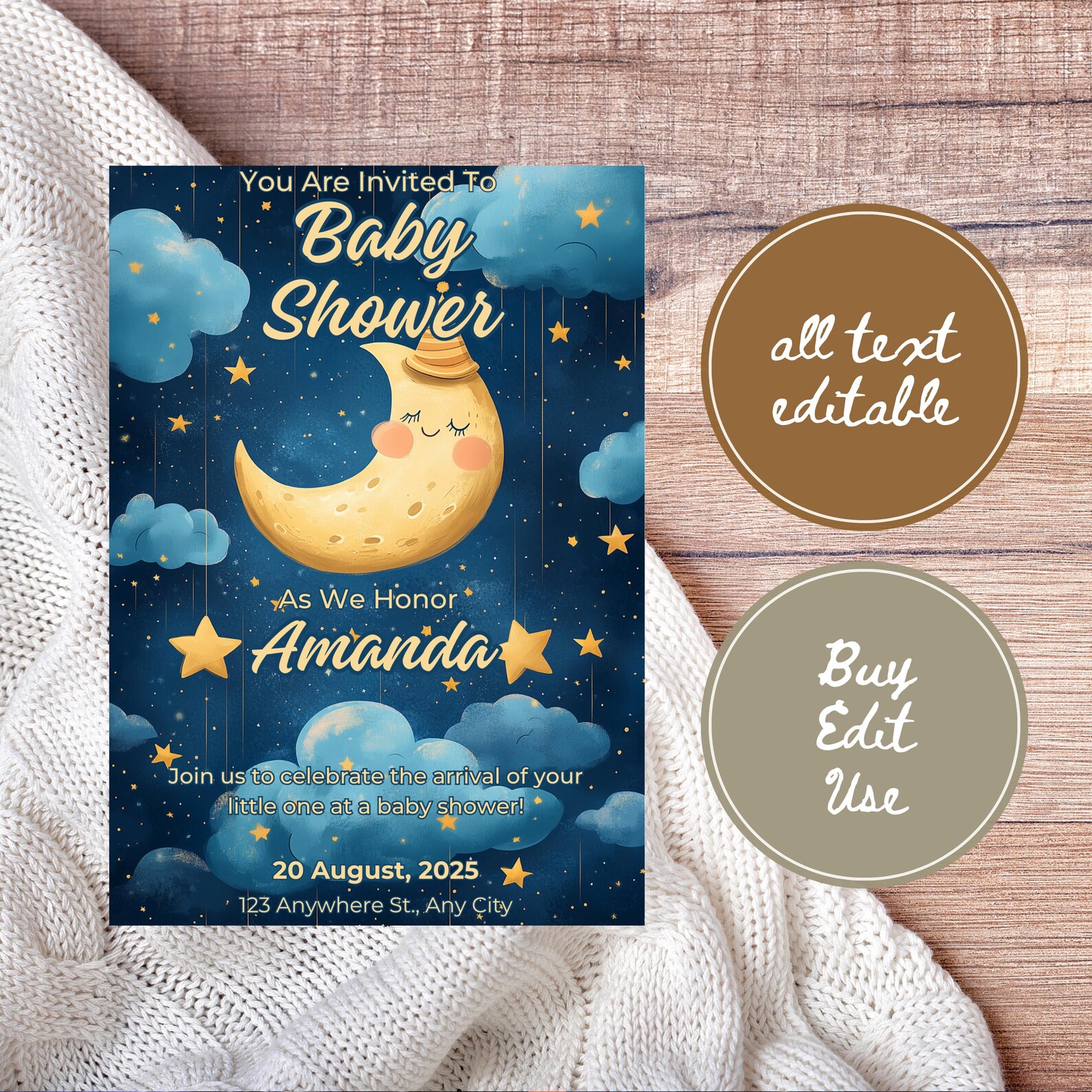 Baby Shower Invitation, Moon and Stars Theme, Editable Template, Night ...