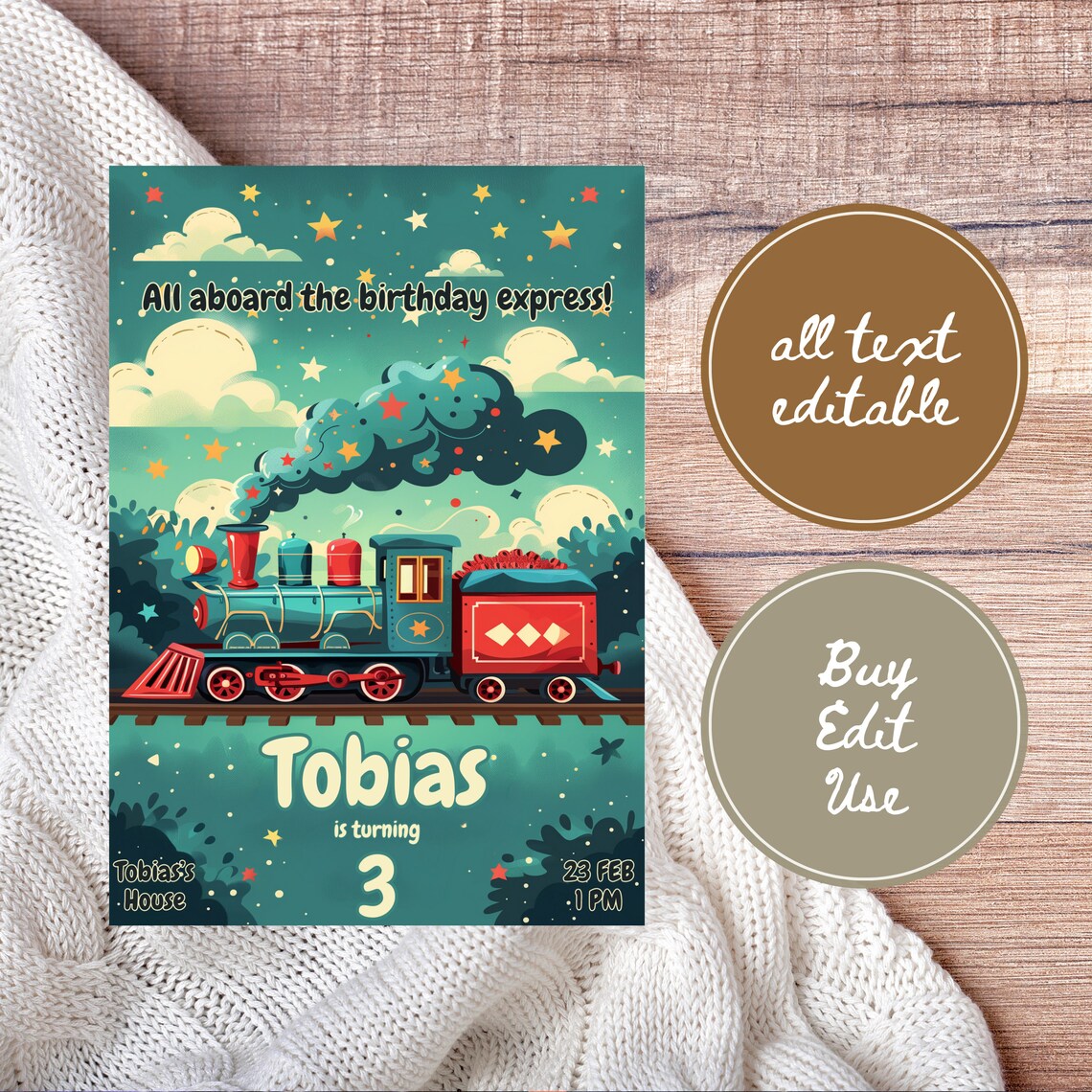 Vintage Steam Engine Birthday Invitation: Train Theme Party (digital ...