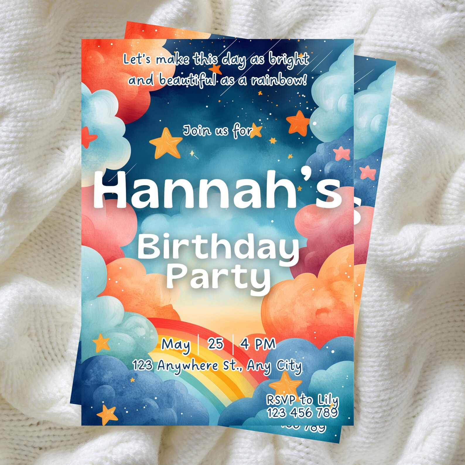 Rainbow & Clouds Birthday Invitation, Kids Party, Editable Digital ...