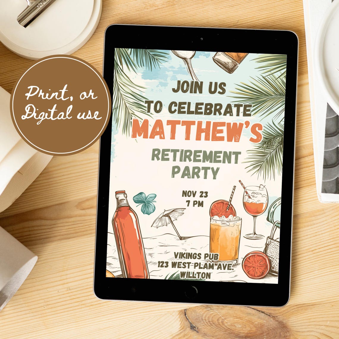 Tropical Retirement Party Invitation: Beach Drinks, Editable Template ...