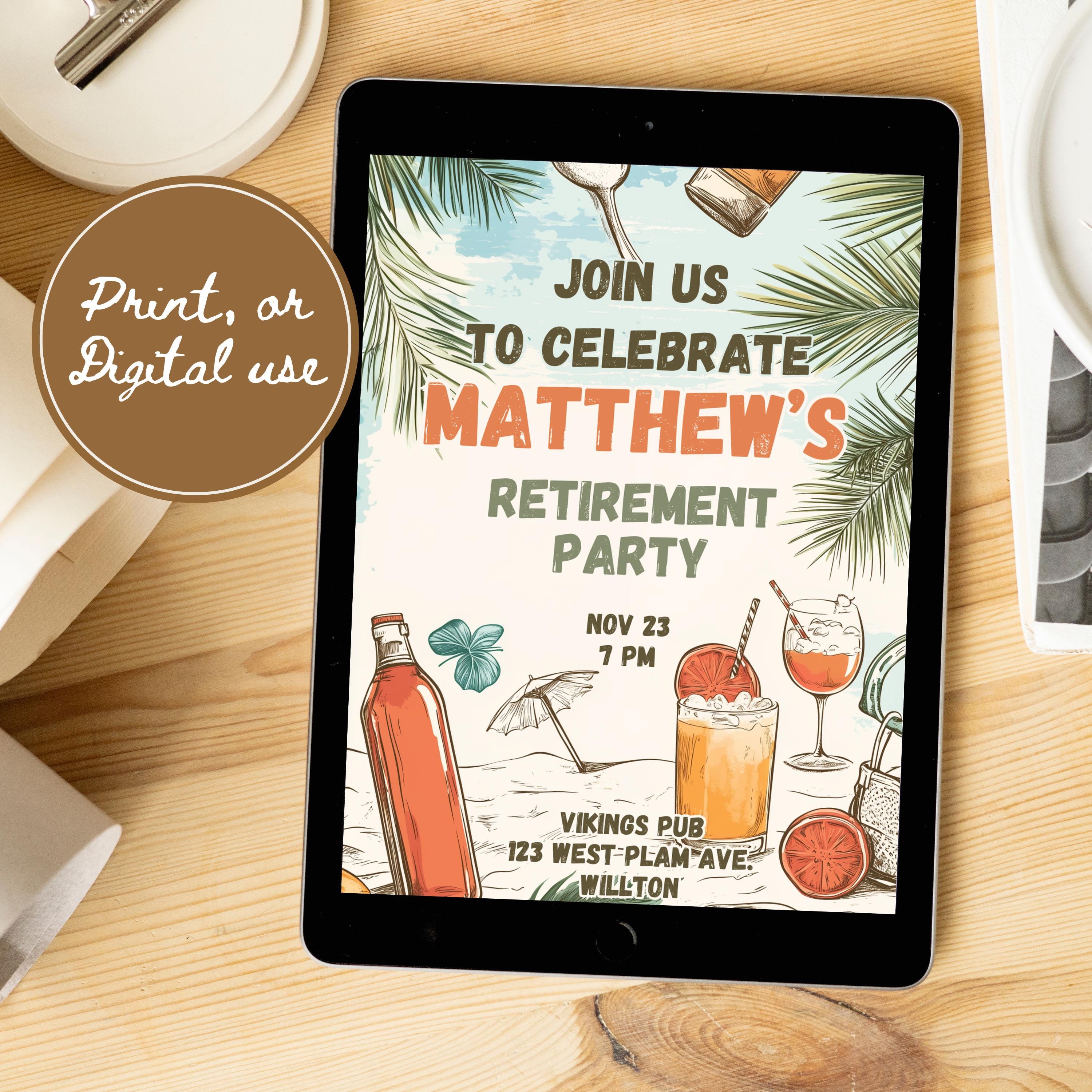 Tropical Retirement Party Invitation: Beach Drinks, Editable Template ...