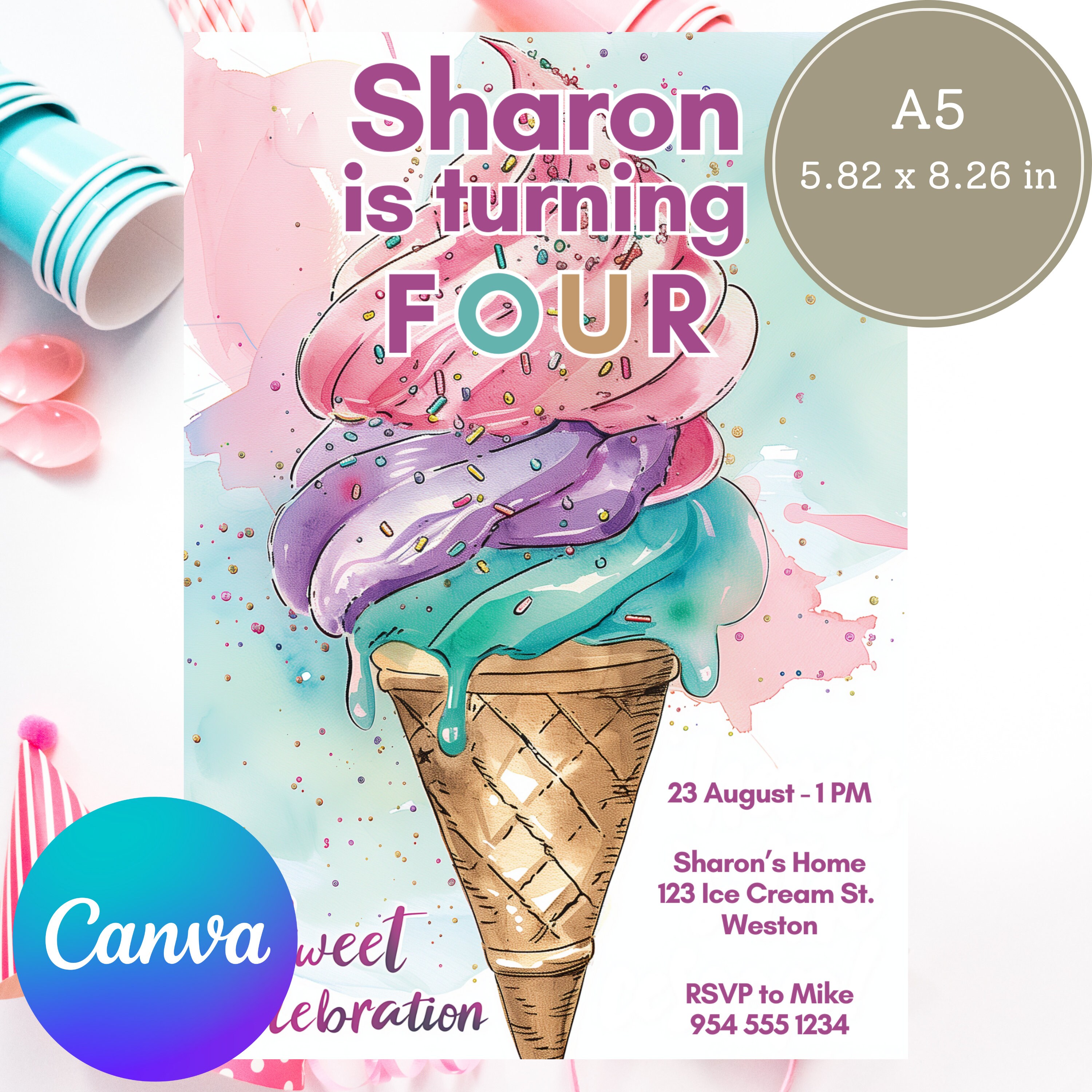 Editable Ice Cream Birthday Invitation, Birthday Party Invitation Card ...