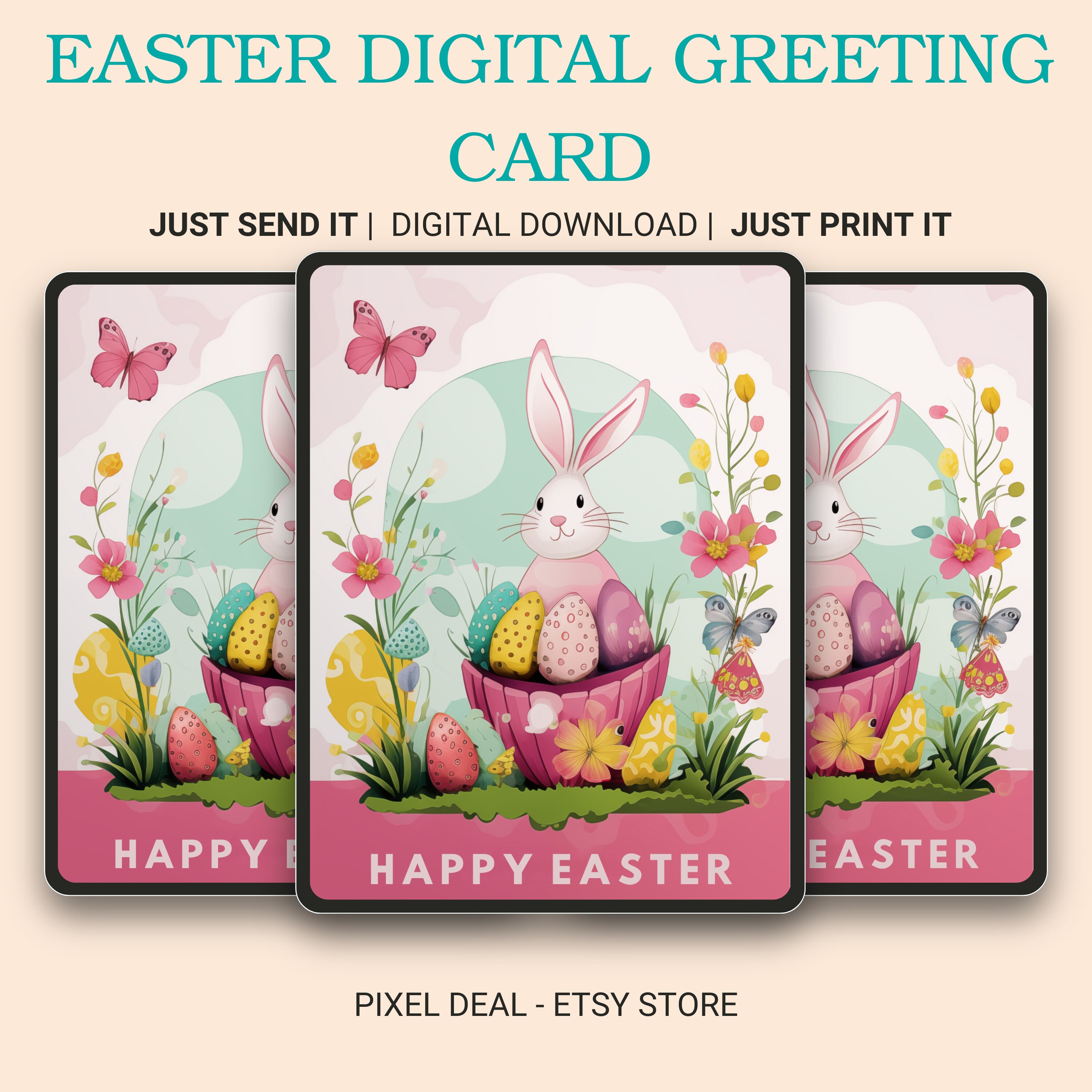Cute Bunny Card, Happy Easter Png Card, Digital Easter Card ...
