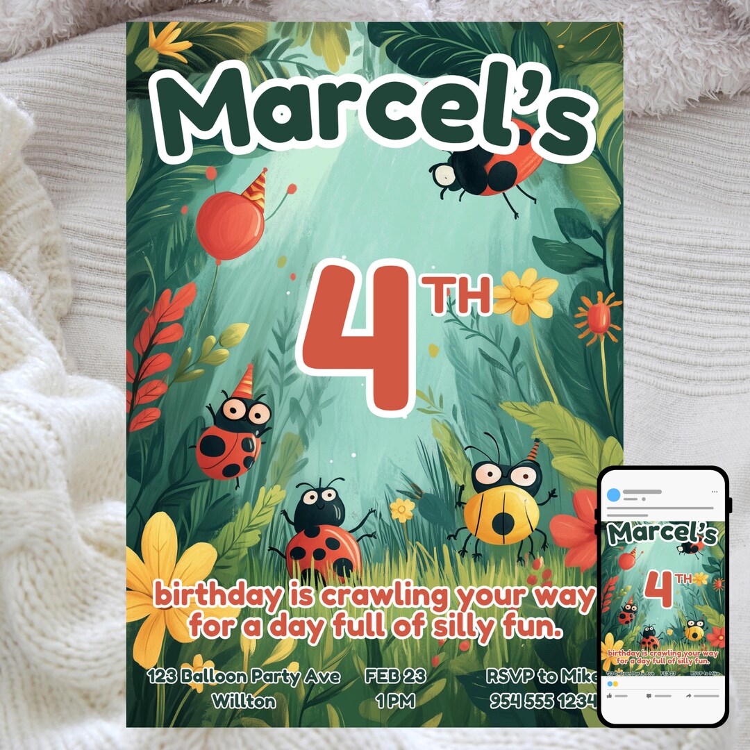 Bug Party Birthday Invitation, Cute and Funny Kids Celebration ...