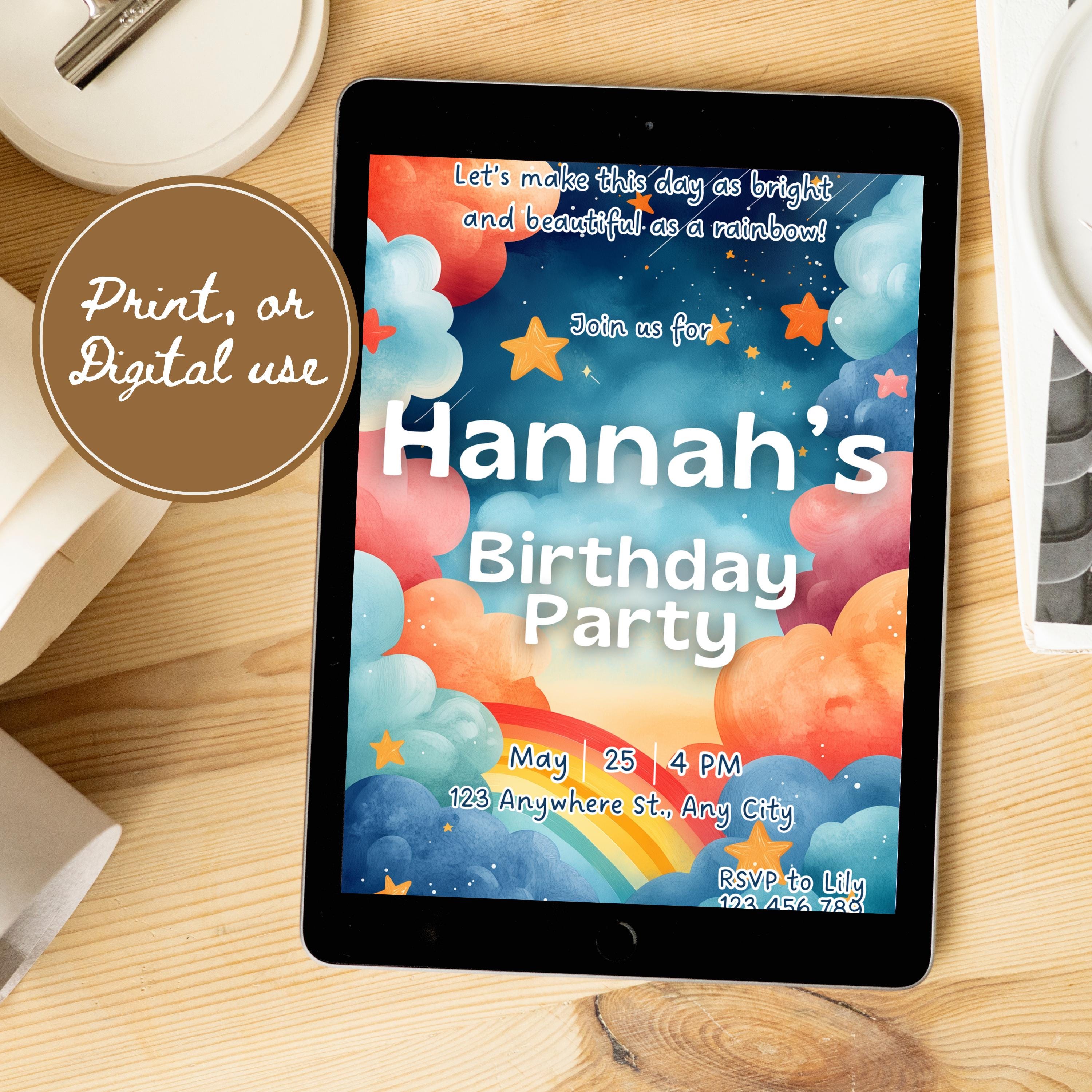 Rainbow & Clouds Birthday Invitation, Kids Party, Editable Digital ...