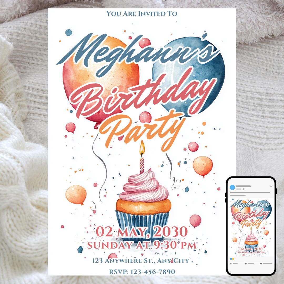 Watercolor Cupcake Birthday Invitation: Editable Party Template ...
